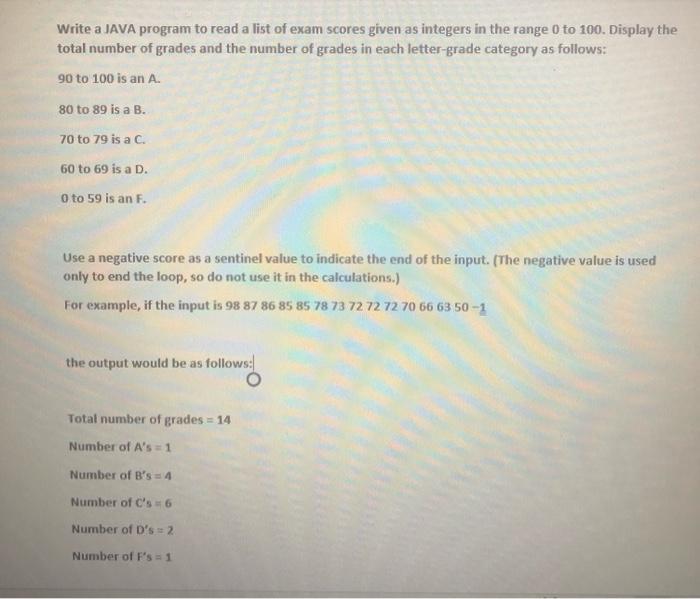 Solved Write A Java Program To Read A List Of Exam Scores