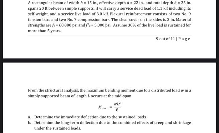 A rectangular beam of width b=15 in., effective depth | Chegg.com
