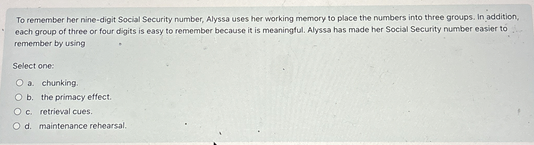 Solved To remember her nine-digit Social Security number, | Chegg.com