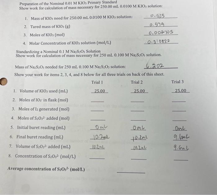 Solved Standardizing a Nominal 0.1MNaS2O3 Solution Show work | Chegg.com