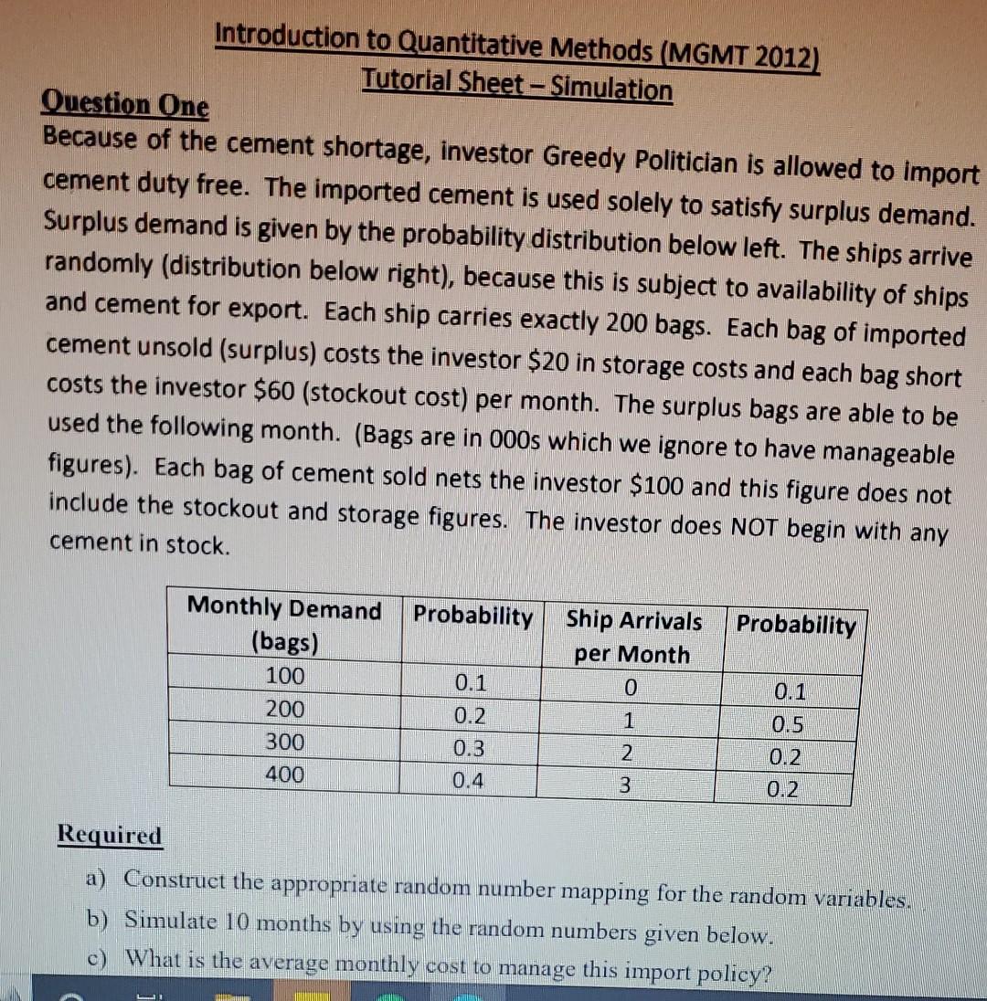 Solved Introduction to Quantitative Methods (MGMT 2012) | Chegg.com