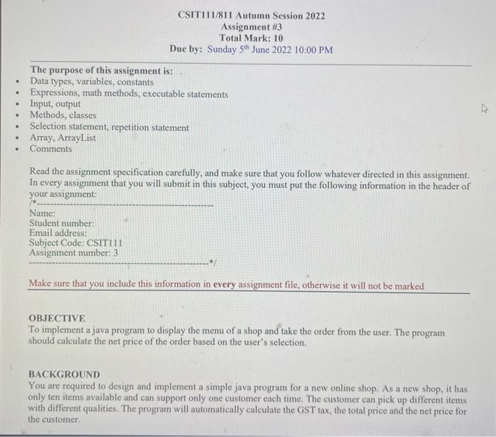 Solved CSIT111/811 Autumn Session 2022 Assignment #3 Total | Chegg.com