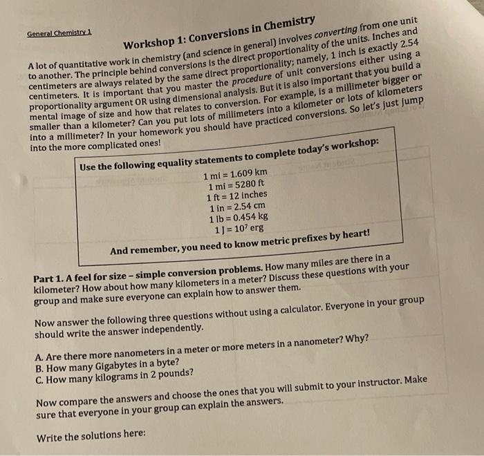 Solved General Chemistry 1 Workshop 1: Conversions in | Chegg.com