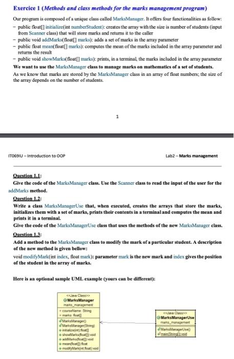 Solved Exercice 1 (Methods and class methods for the marks | Chegg.com