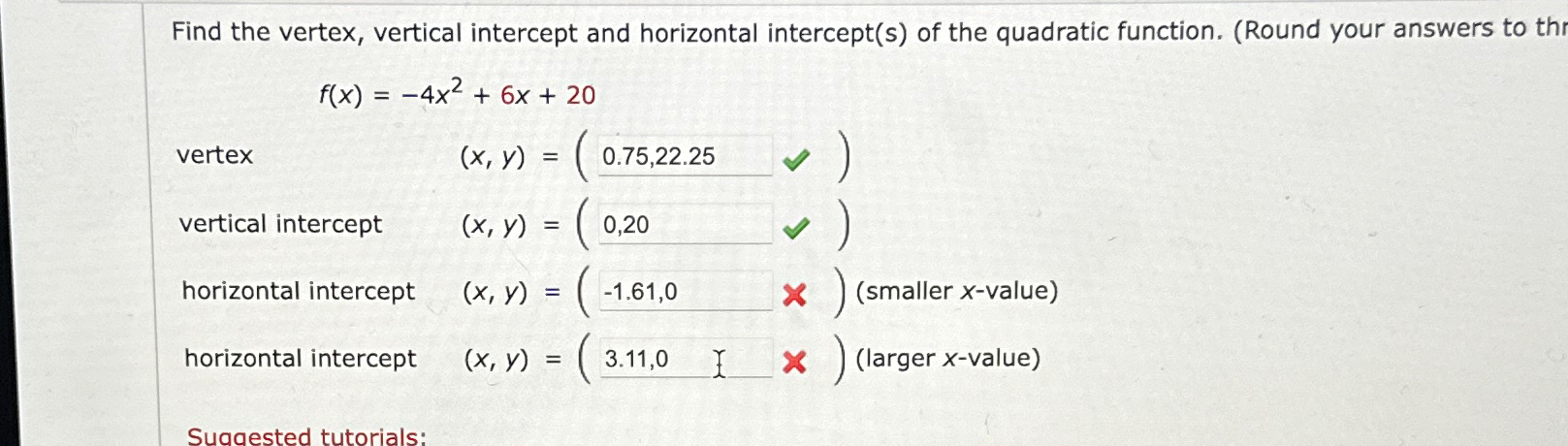 Solved Find the vertex, vertical intercept and horizontal | Chegg.com