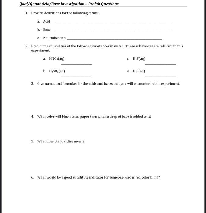 Solved Qual/Quant Acid/Base Investigation - Prelab Questions | Chegg.com