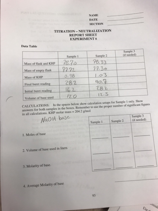 Solved NAME DATE SECTION TITRATION - NEUTRALIZATION REPORT | Chegg.com