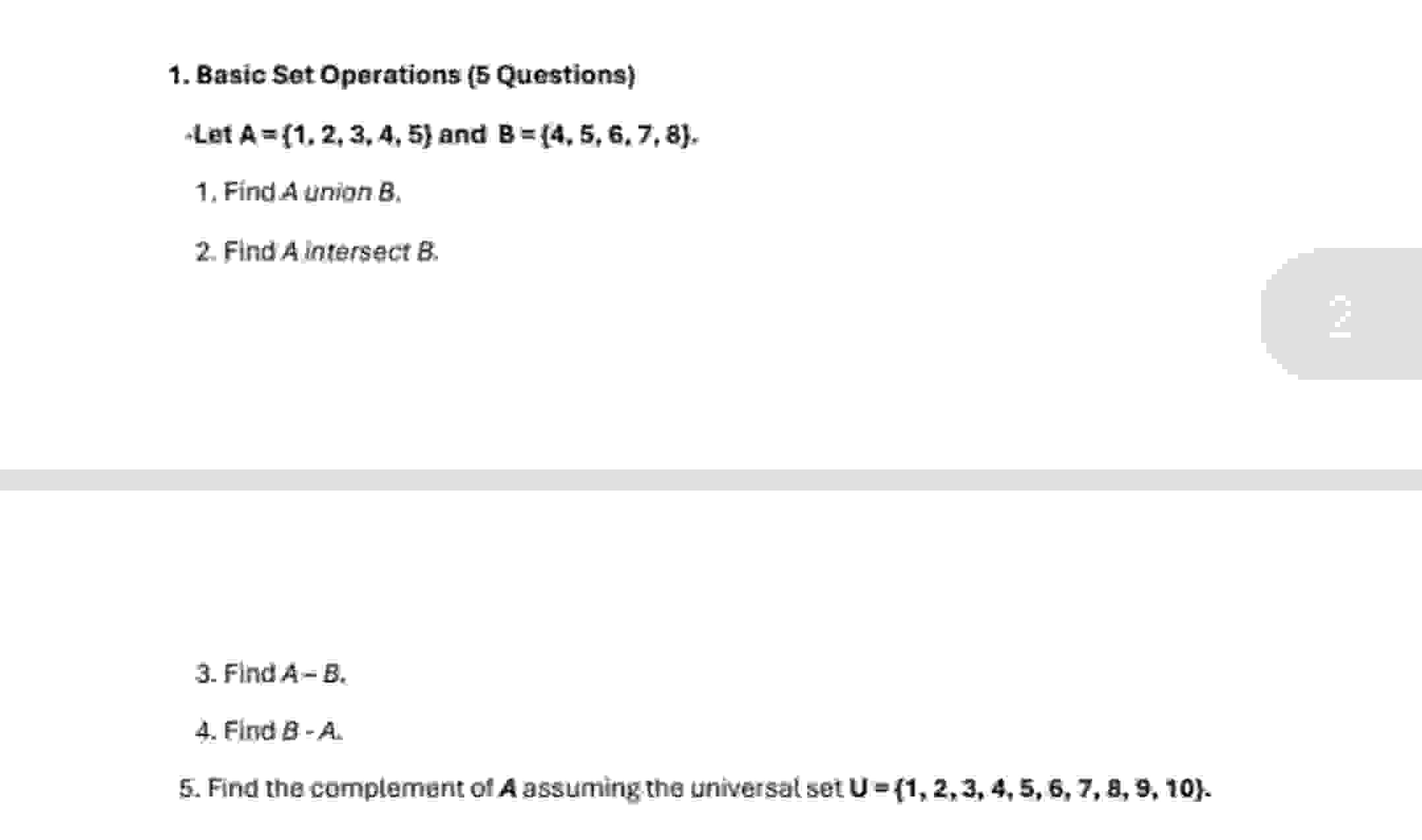 Solved Basic Set Operations (5 ﻿Questions)Let A={1,2,3,4,5) | Chegg.com
