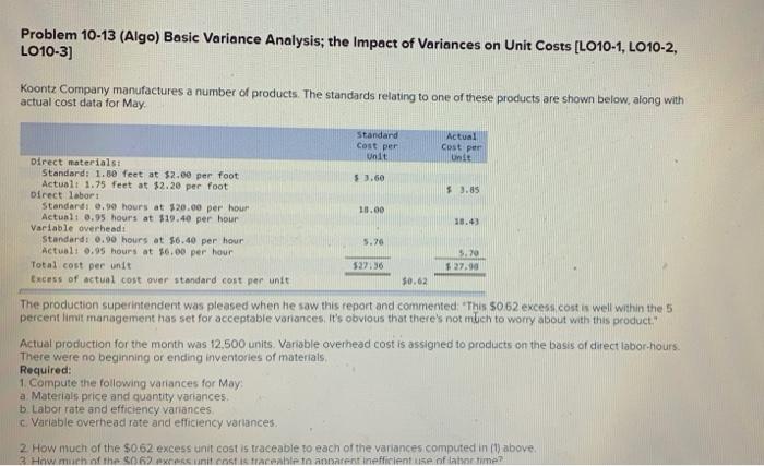 Solved Problem 10-13 (Algo) Basic Variance Analysis; the | Chegg.com