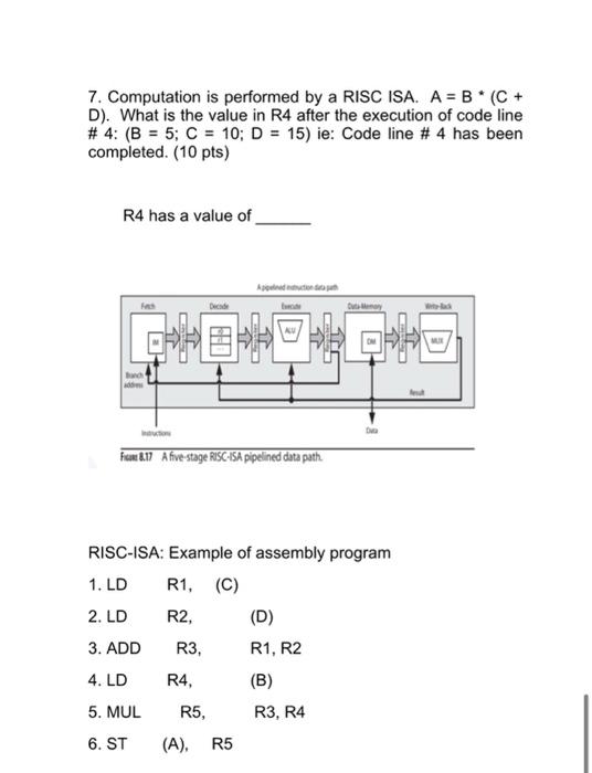 Solved 7. Computation is performed by a RISC ISA. A=B* (C+ | Chegg.com