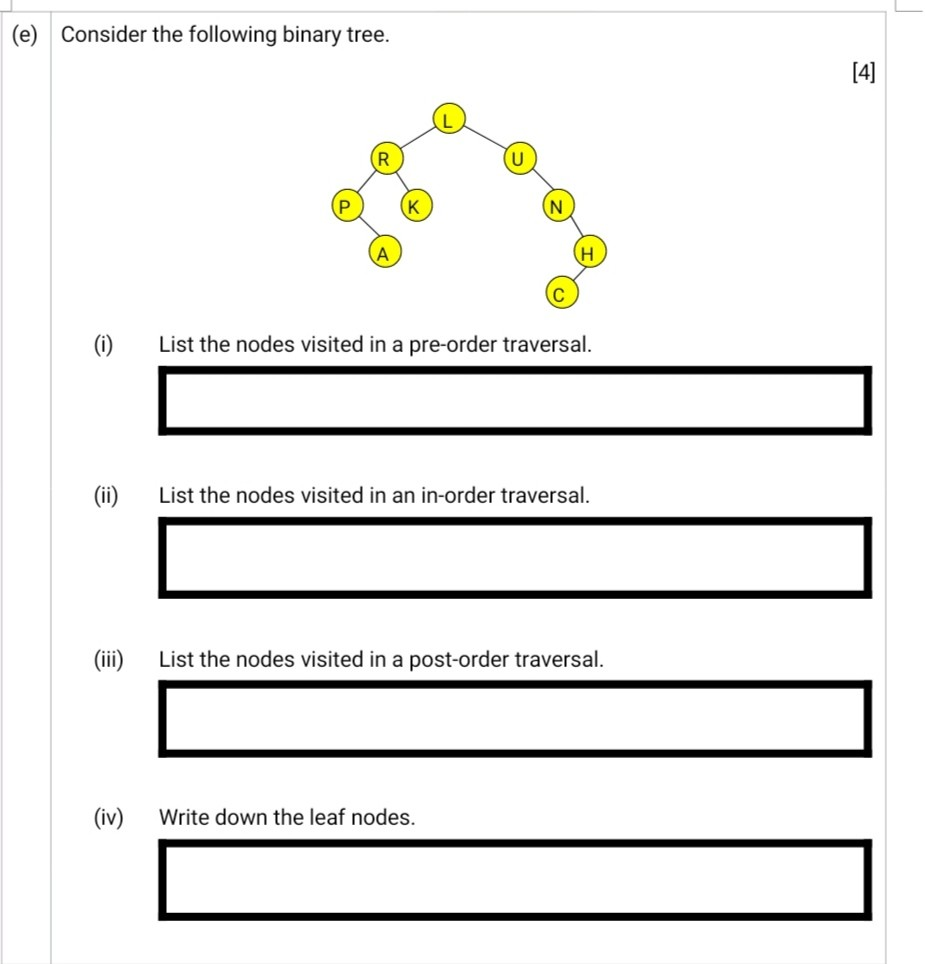 Solved (e) Consider the following binary tree. [4] Н с (i) | Chegg.com