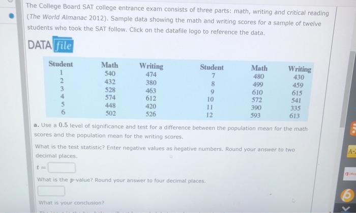 Solved The College Board SAT college entrance exam consists | Chegg.com