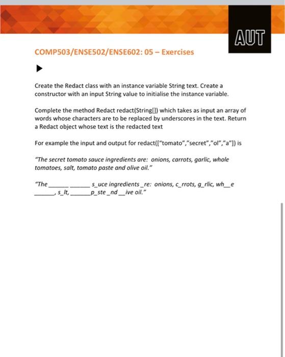 Solved AUT COMP503/ENSE502/ENSE602:05 - Exercises Create the | Chegg.com