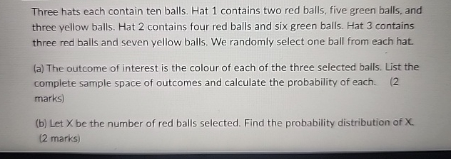 Solved Three hats each contain ten balls. Hat 1 ﻿contains | Chegg.com