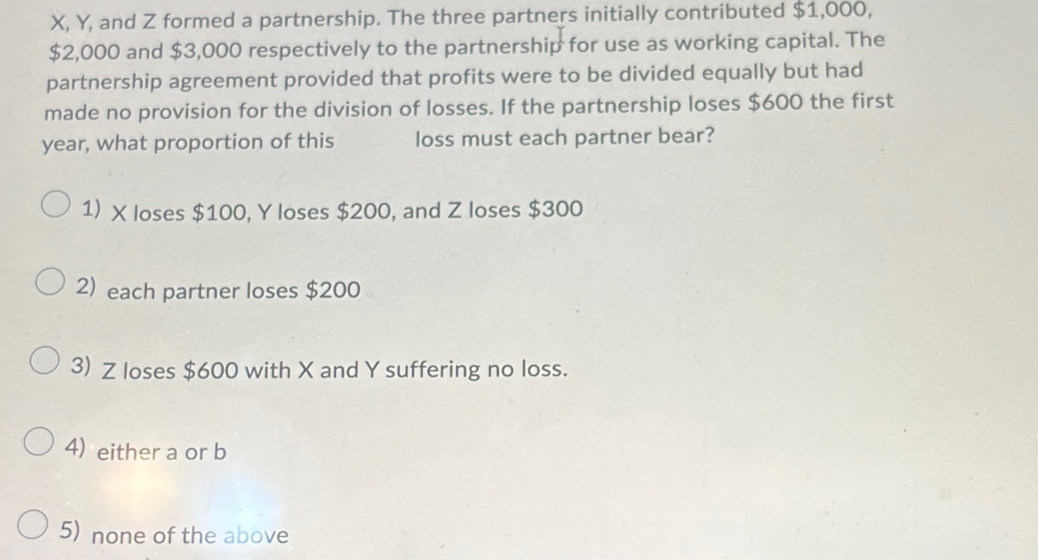 Solved x,Y, ﻿and Z ﻿formed a partnership. The three partners | Chegg.com