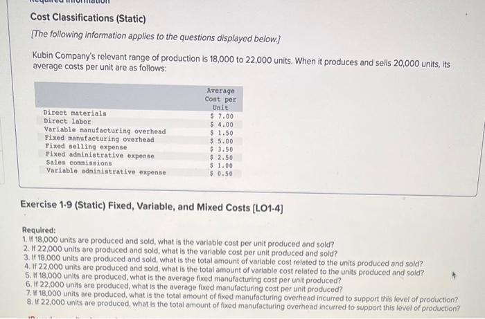 Solved Cost Classifications (Static) [The following | Chegg.com