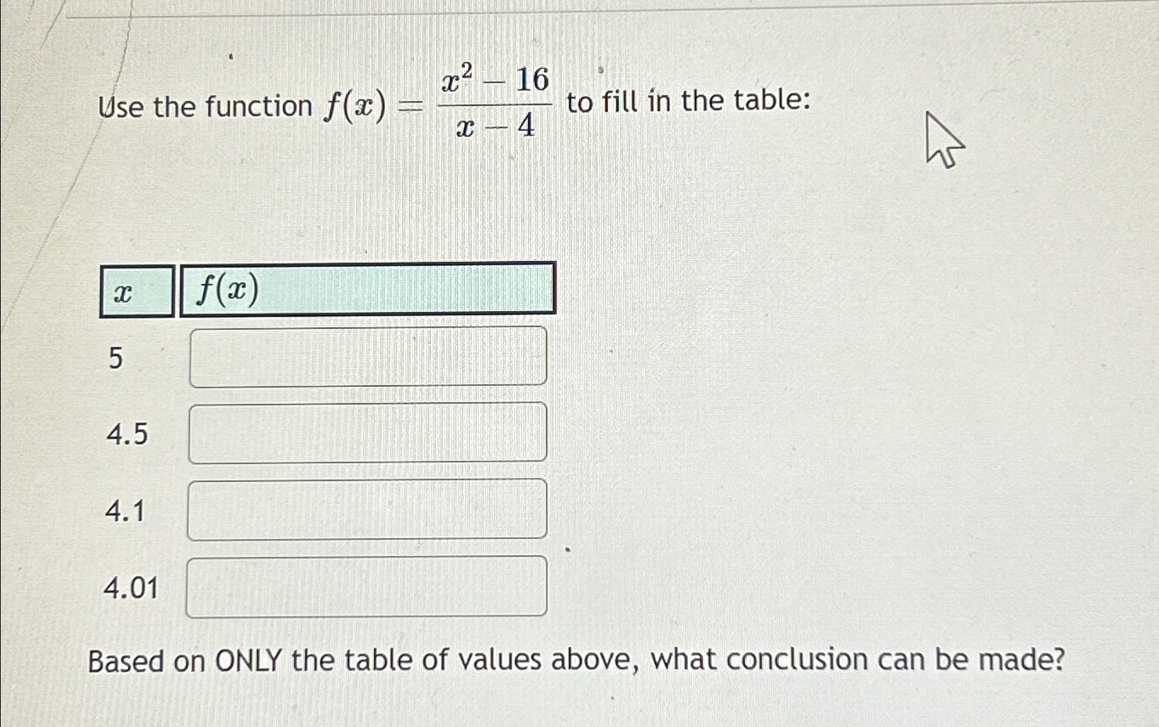 Solved Use the function f(x)=x2-16x-4 ﻿to fill in the | Chegg.com