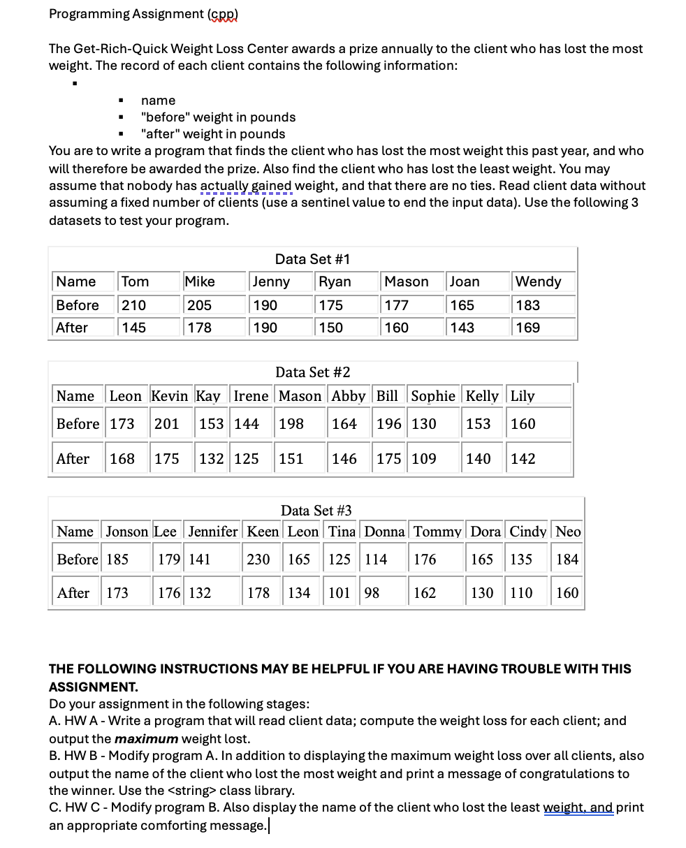 Solved Programming Assignment (cppThe Get-Rich-Quick Weight | Chegg.com