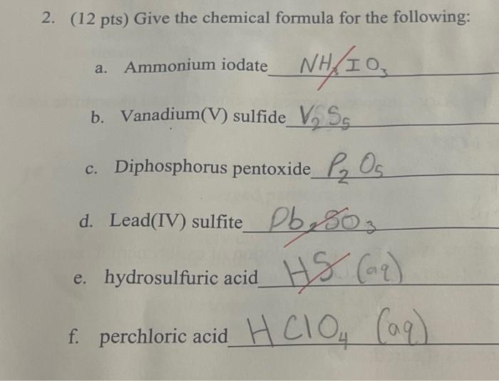 Solved 2. ( 12pts ) Give the chemical formula for the | Chegg.com