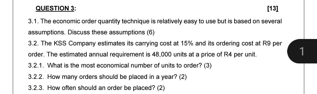 Solved QUESTION 3: [13] 3.1. The economic order quantity | Chegg.com