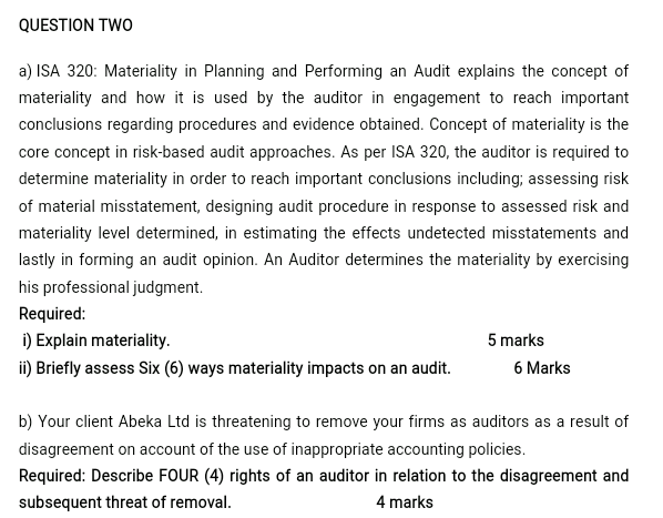 Solved QUESTION TWO a) ISA 320: Materiality in Planning and | Chegg.com