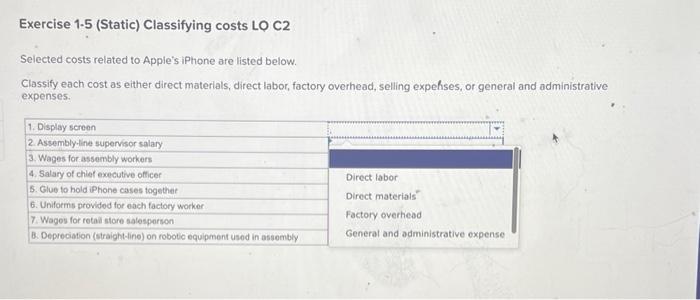 Solved Exercise 1.5 (Static) Classifying costs LO C2 | Chegg.com Solved Exercise 1.5 (Static) Classifying costs LO C2 | Chegg.com