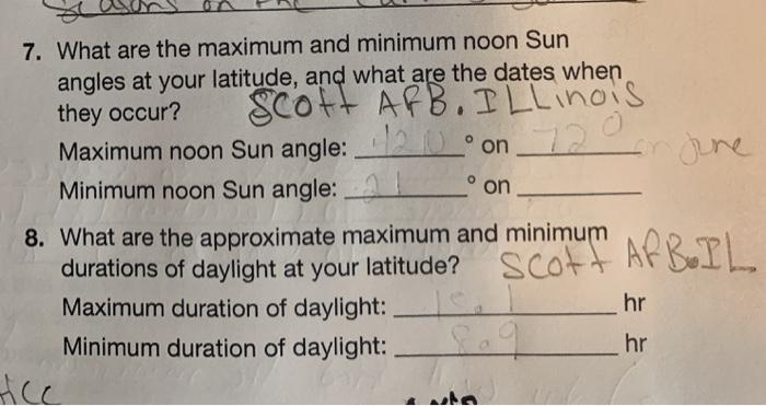 Solved 7. What are the maximum and minimum noon Sun angles | Chegg.com