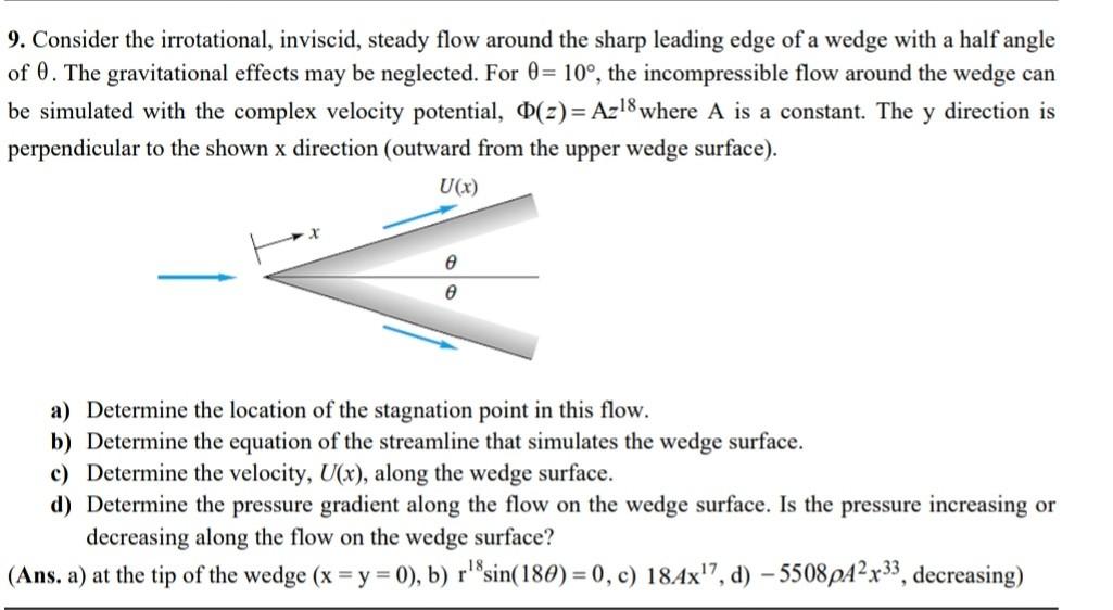 Solved 9. Consider the irrotational, inviscid, steady flow | Chegg.com