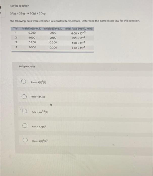 Solved For the reaction 3 A(g)+2 B(g)→2C(g)+2D(g) the | Chegg.com