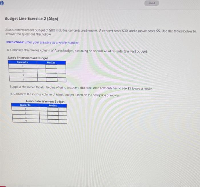 Solved Alan's entertainment budget of $90 includes concerts | Chegg.com