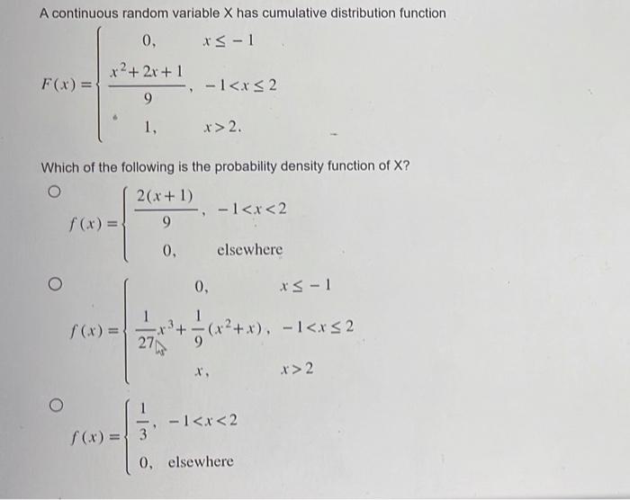 Solved A continuous random variable X has cumulative | Chegg.com