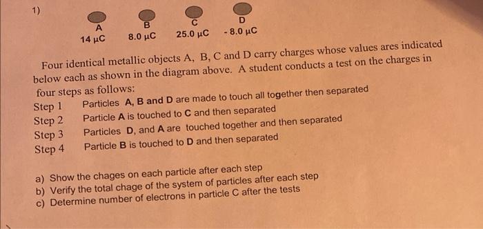 Solved Four identical metallic objects A,B,C and D carry | Chegg.com