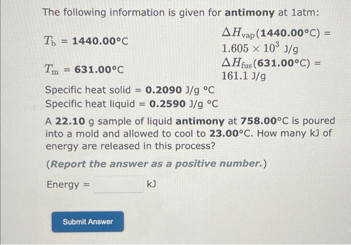 Solved The following information is given for antimony at 1 | Chegg.com
