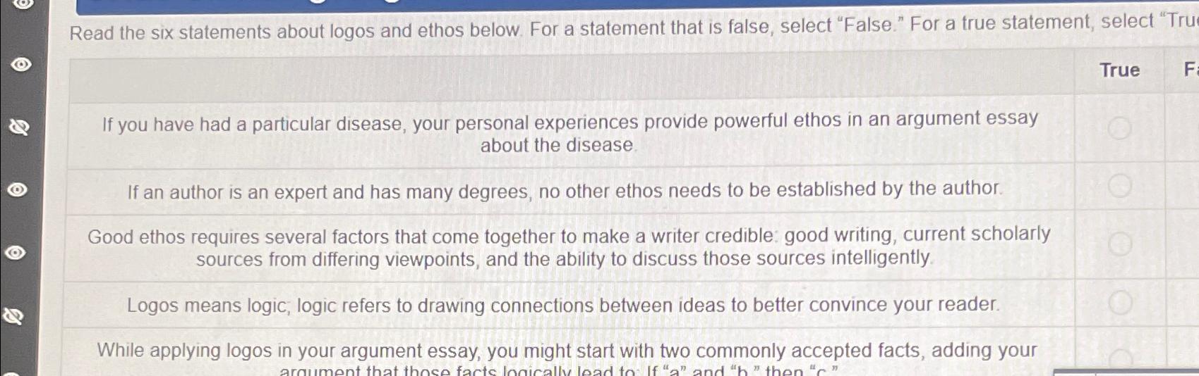 Solved Read the six statements about logos and ethos below. | Chegg.com