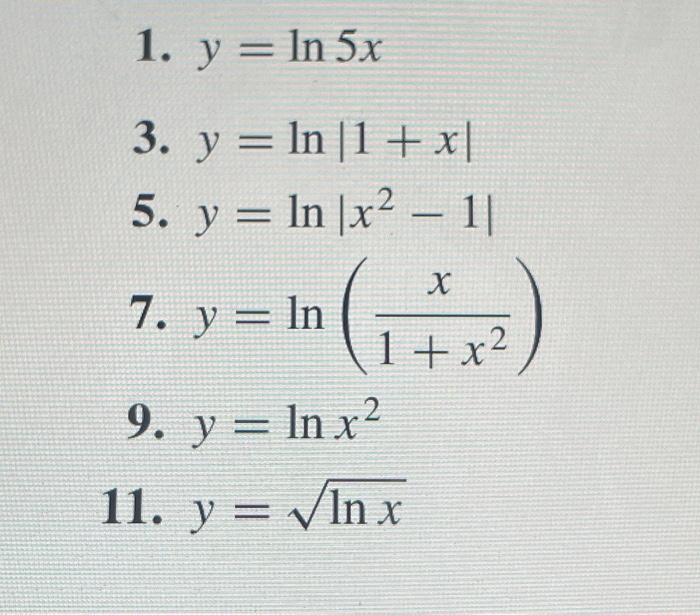 Solved 1. y=ln5x 3. y=ln∣1+x∣ 5. y=ln∣∣x2−1∣∣ 7. y=ln(1+x2x) | Chegg.com