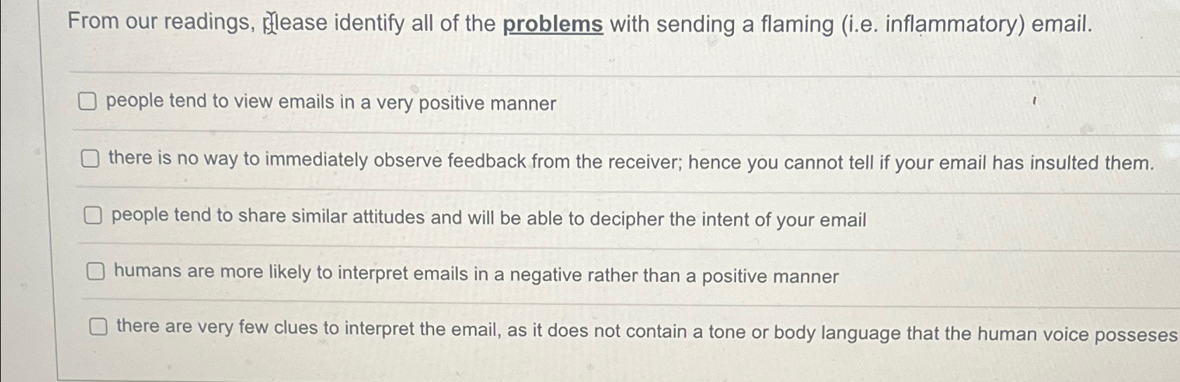 Solved From our readings, clease identify all of the | Chegg.com