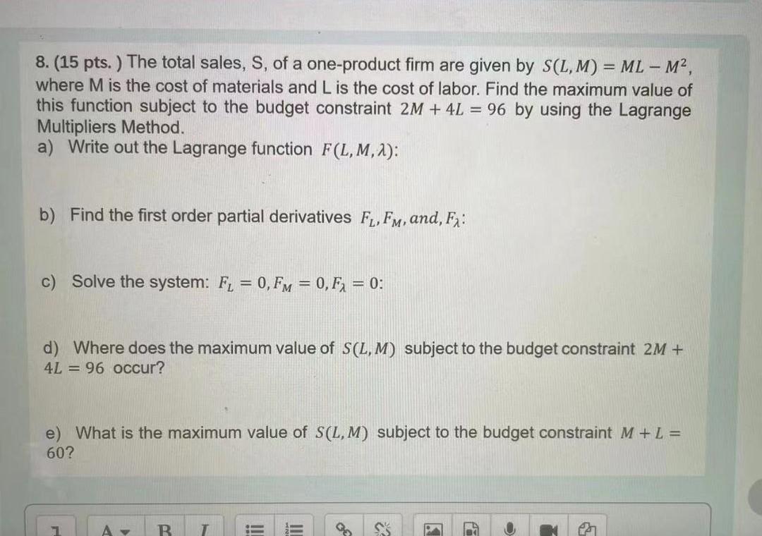 Solved 8. (15 pts. ) The total sales, S, of a one-product | Chegg.com