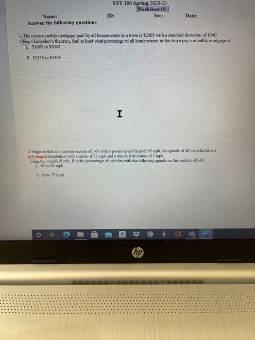 Solved STT 100 Spring 2020-21 Worksheet (8)] ID: See: Date: | Chegg.com