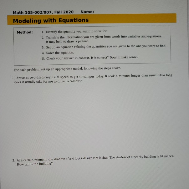 Solved Math 105-002/007, Fall 2020 Name: Modeling with | Chegg.com