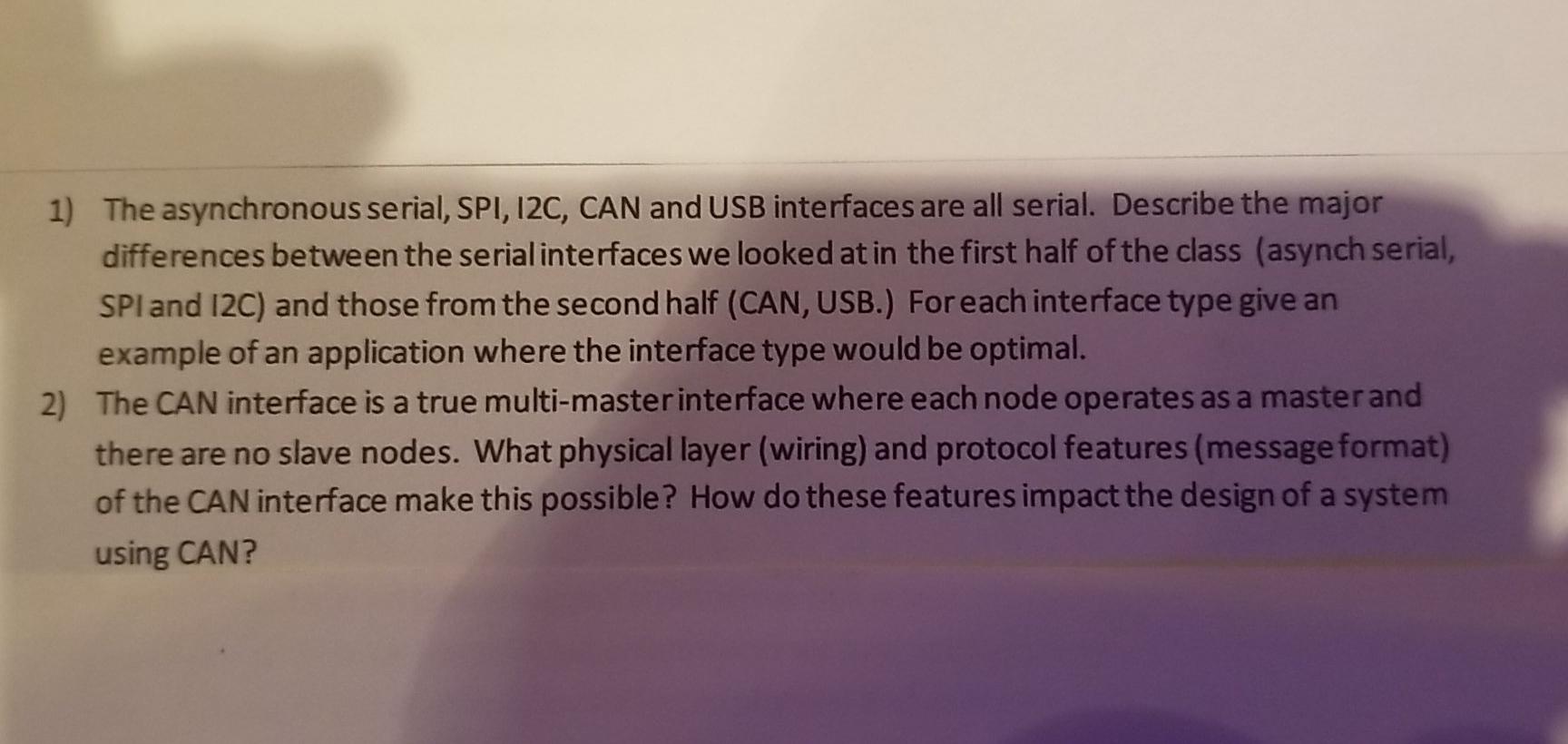 Solved 1) The asynchronous serial, SPI, 12C, CAN and USB | Chegg.com