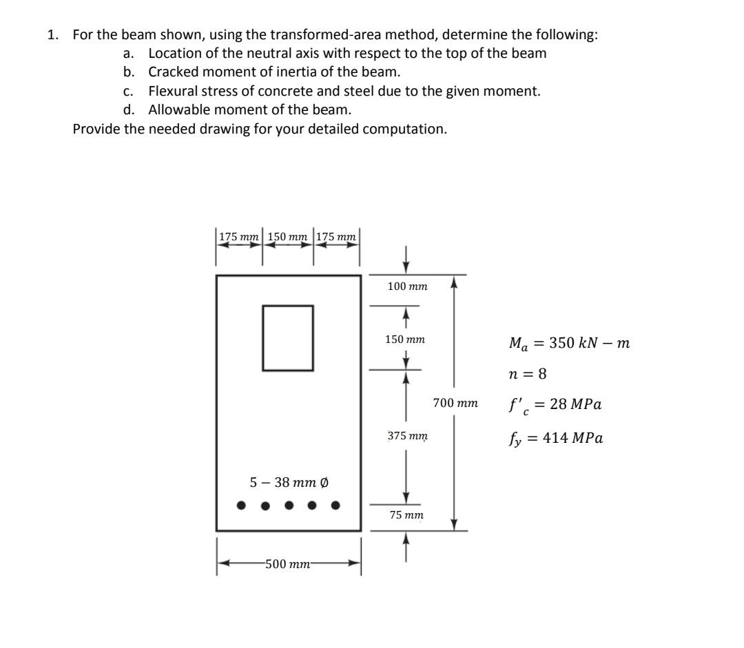 Solved 1. For the beam shown, using the transformed-area | Chegg.com