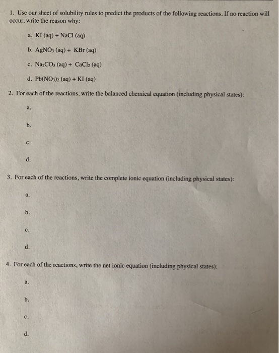 Solved 1. Use our sheet of solubility rules to predict the | Chegg.com