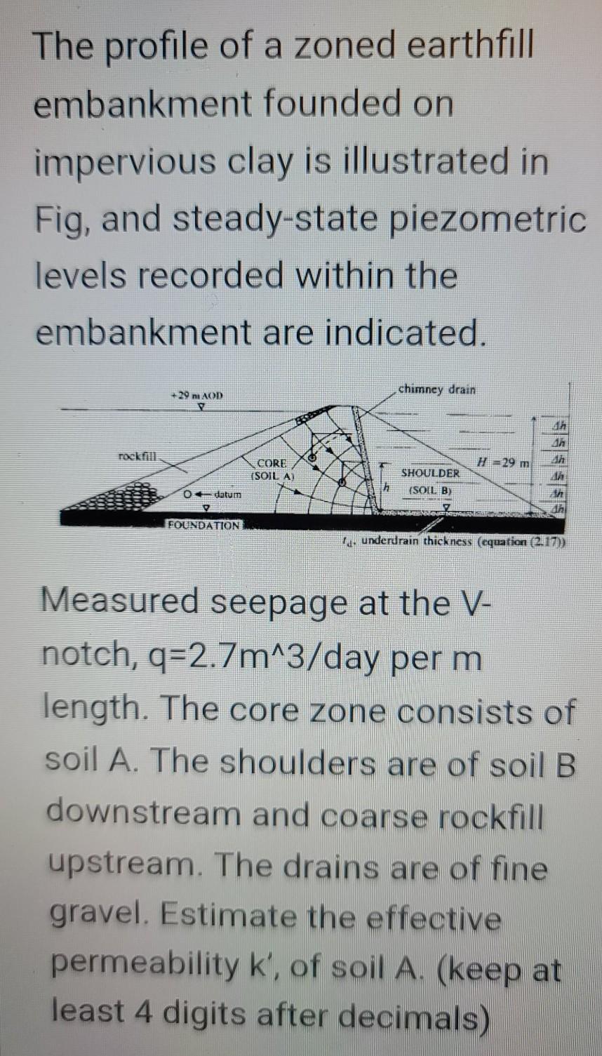 Solved The profile of a zoned earthfill embankment founded | Chegg.com