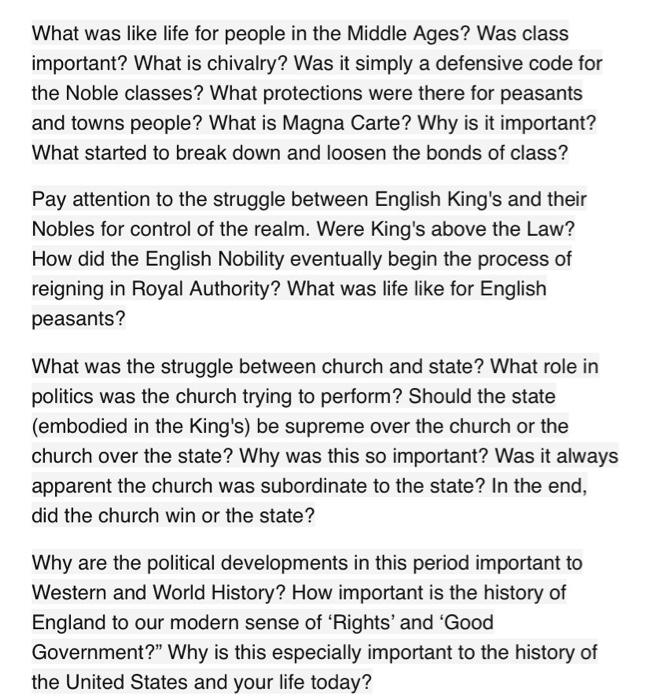 What was like life for people in the Middle Ages? Was | Chegg.com