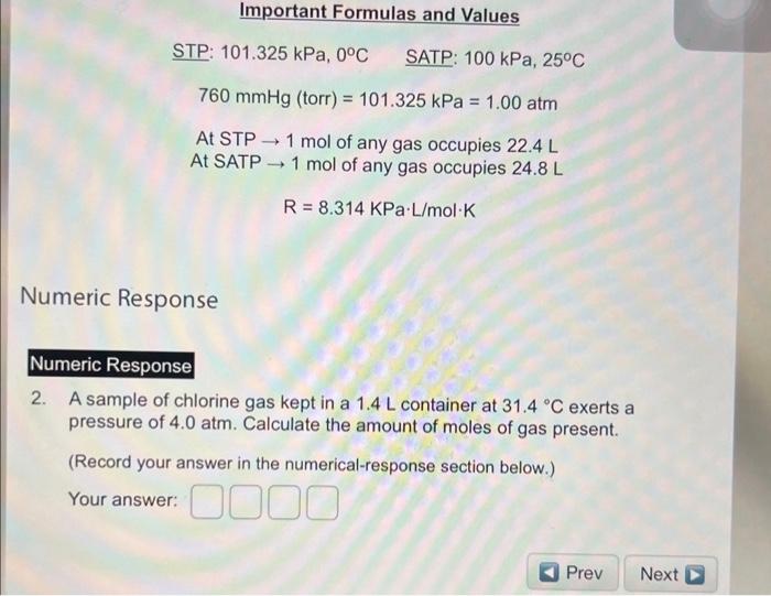 Solved Important Formulas and Values STP: 101.325kPa,0∘C | Chegg.com