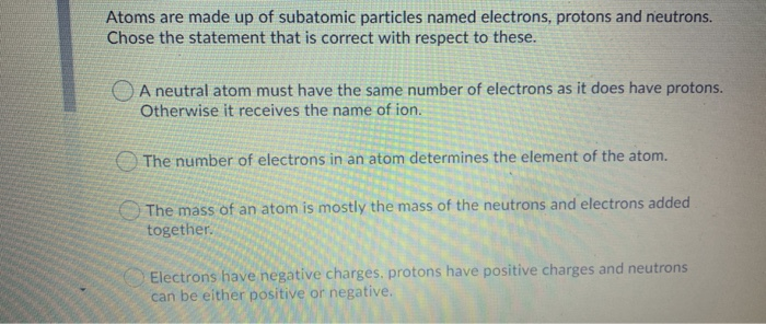 Solved Atoms are made up of subatomic particles named | Chegg.com