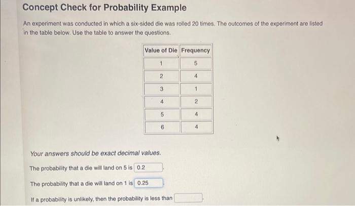 Solved Concept Check for Probability Example An experiment | Chegg.com