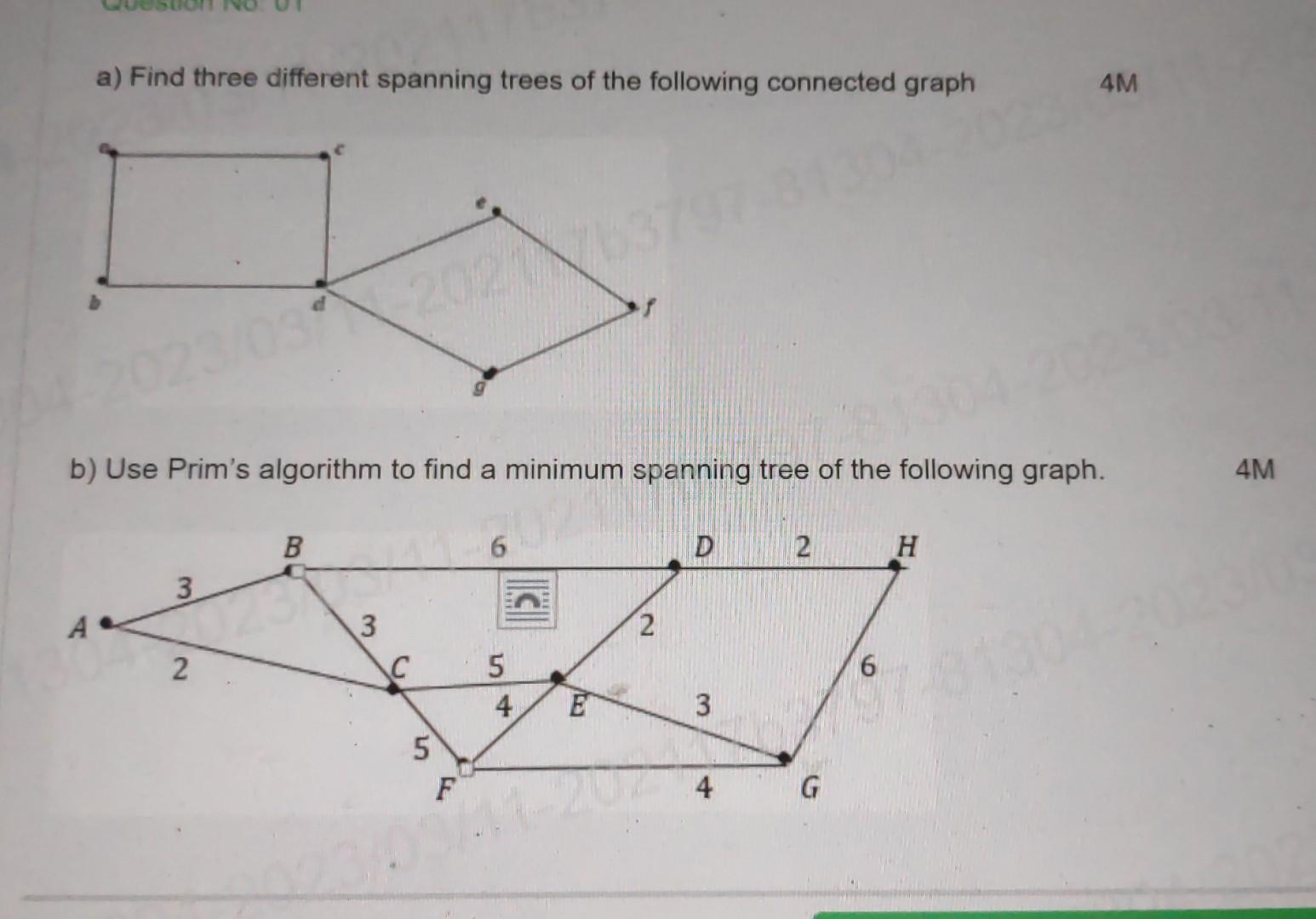 Solved a) Find three different spanning trees of the | Chegg.com