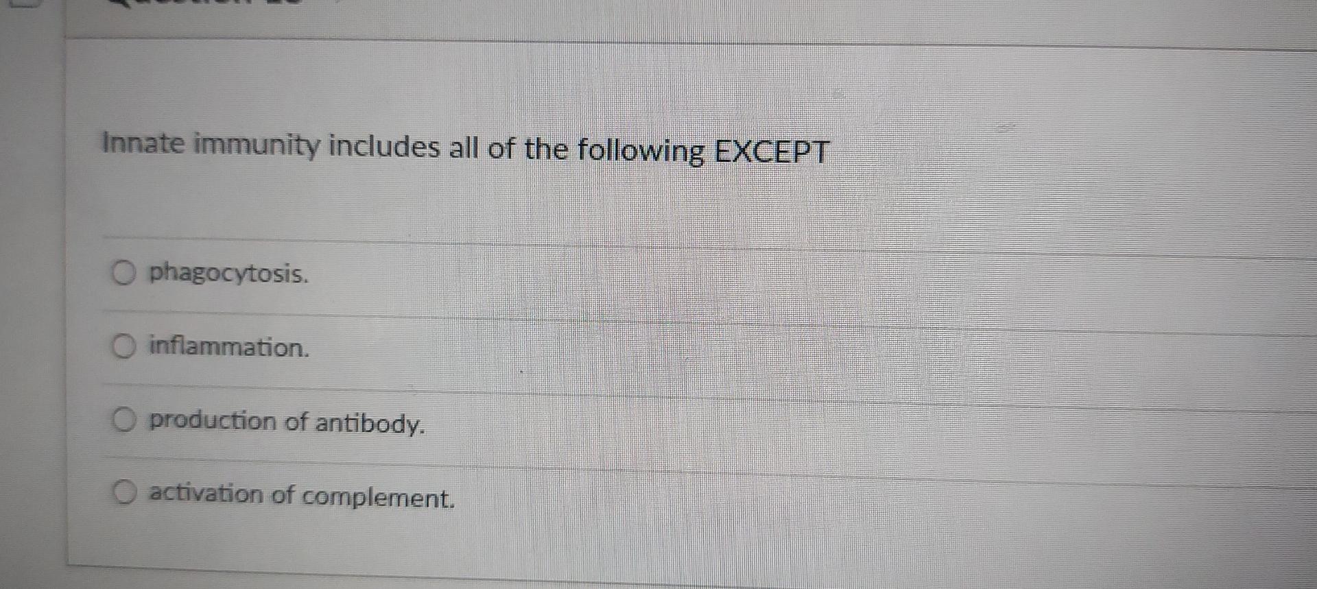 Solved Innate immunity includes all of the following EXCEPT | Chegg.com