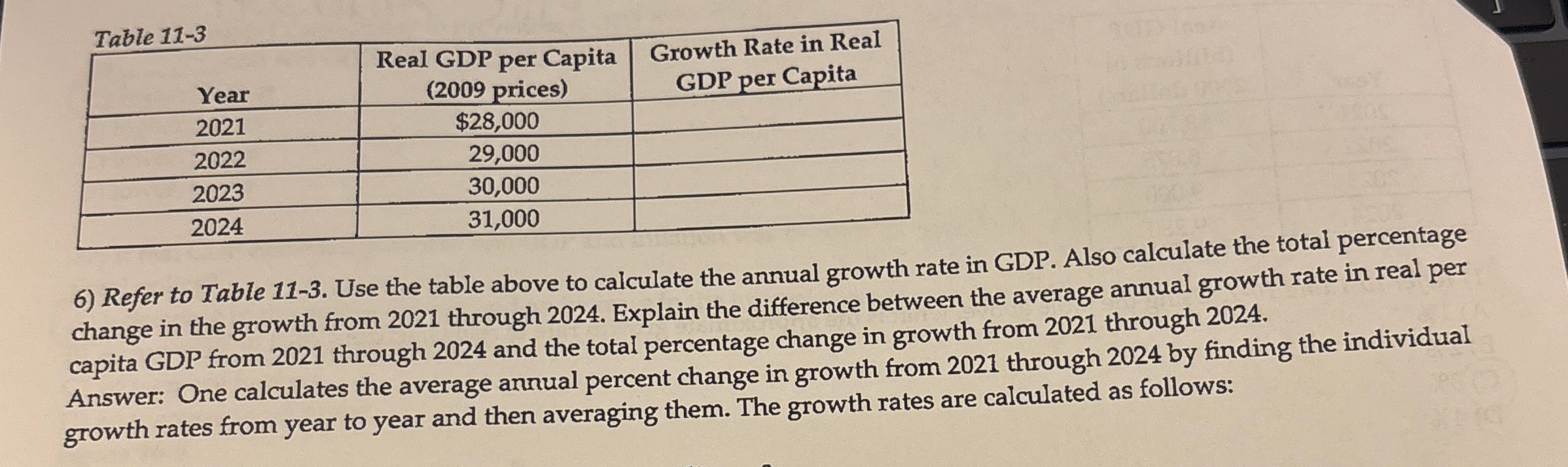 Solved Table 11-3\table[[Year,\table[[Real GDP per | Chegg.com